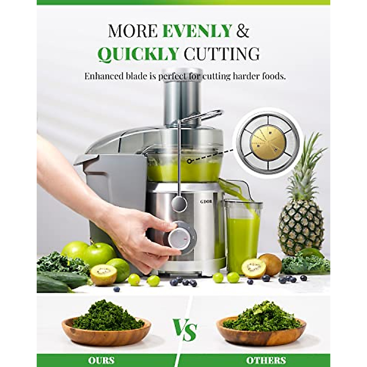 1300W GDOR Juicer with Larger 3.2” Feed Chute for Whole Fruits and Veggies, Titanium Enhanced Cut Disc, Full Copper Motor Heavy Duty Centrifugal Juice Extractor Machines, Dual Speeds, BPA-Free, Silver