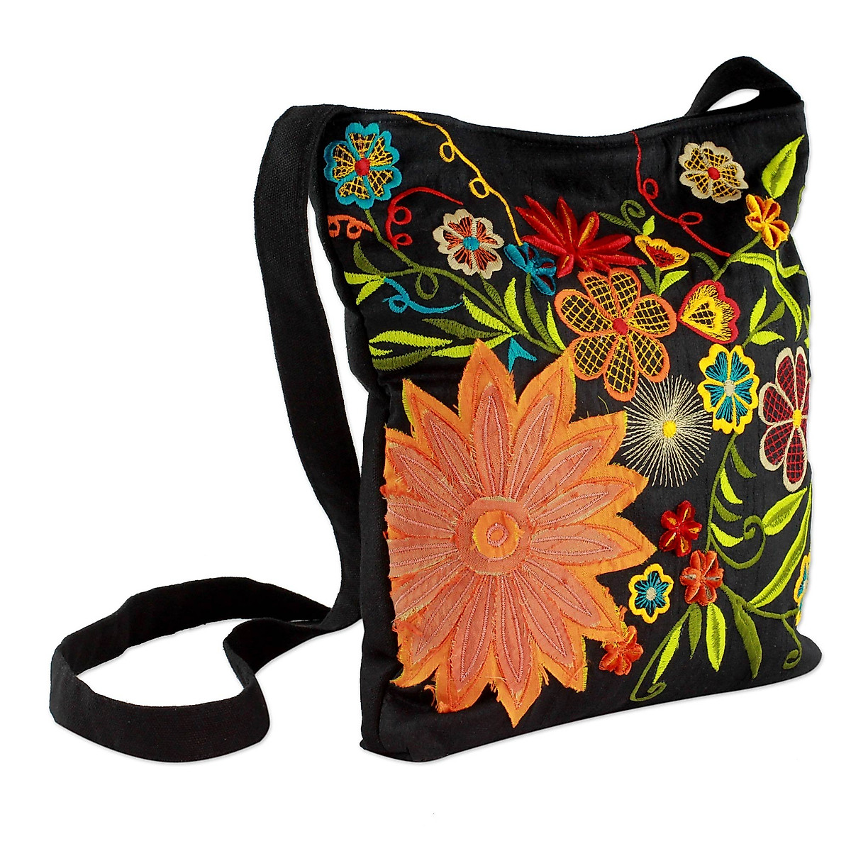 NOVICA Artisan Handmade Embroidered Cotton Blend Shoulder Bag Floral Embroidery Black Handbags Multicolor India ' Tropical Paradise'