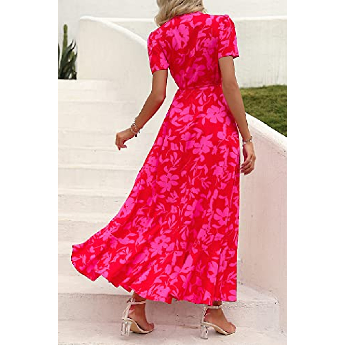 PRETTYGARDEN Women's Summer Wrap Maxi Dress Casual Boho Floral V Neck Short Sleeve Ruffle Hem Split Beach Long Dresses (Red Floral,X-Large)