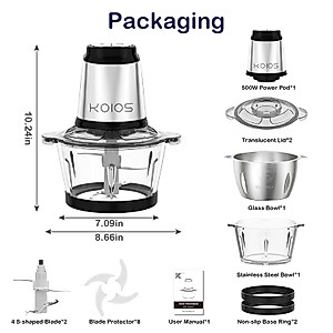 KOIOS 500W Powerful Electric Food Processor with 8 Cup Stainless Steel & Glass Bowls, 2 Speed Mode Electric Food Chopper with 2 Sets Blades Electric Meat Grinder Chopper for Family & Baby Use, Black
