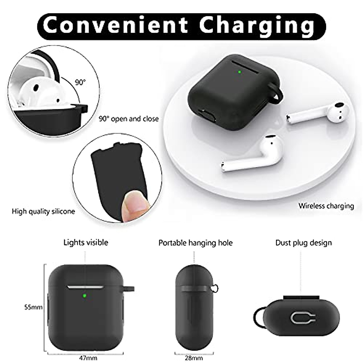 Black Airpods Case,16 in 1 Airpod 1&2 Accessories Set Anti-Lost Straps with Keychain/Apple Watch Band Holder/Airpod Ear Tips/Ear Hooks/Carry Case for Apple Airpods Silicone Cover for Girls/Women/Men…