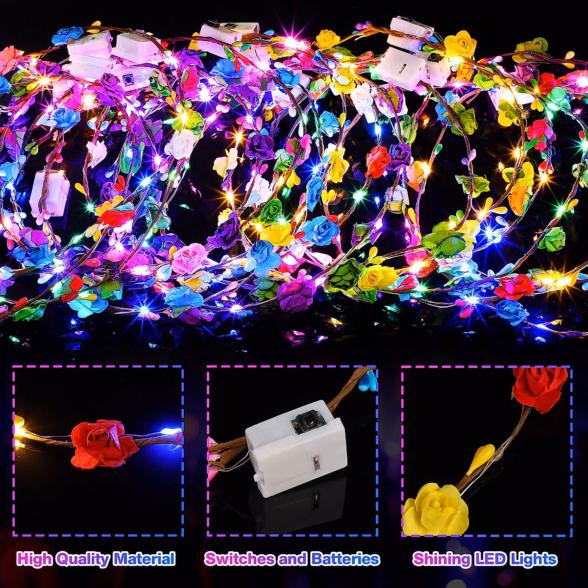 40 Pieces LED Flower Crown Light up Headband LED Hair Garlands Glow in The Dark Flower Crown LED Hair Wreath for Women Girls Brides Wedding Birthday Holiday Beach Party Hair Accessories