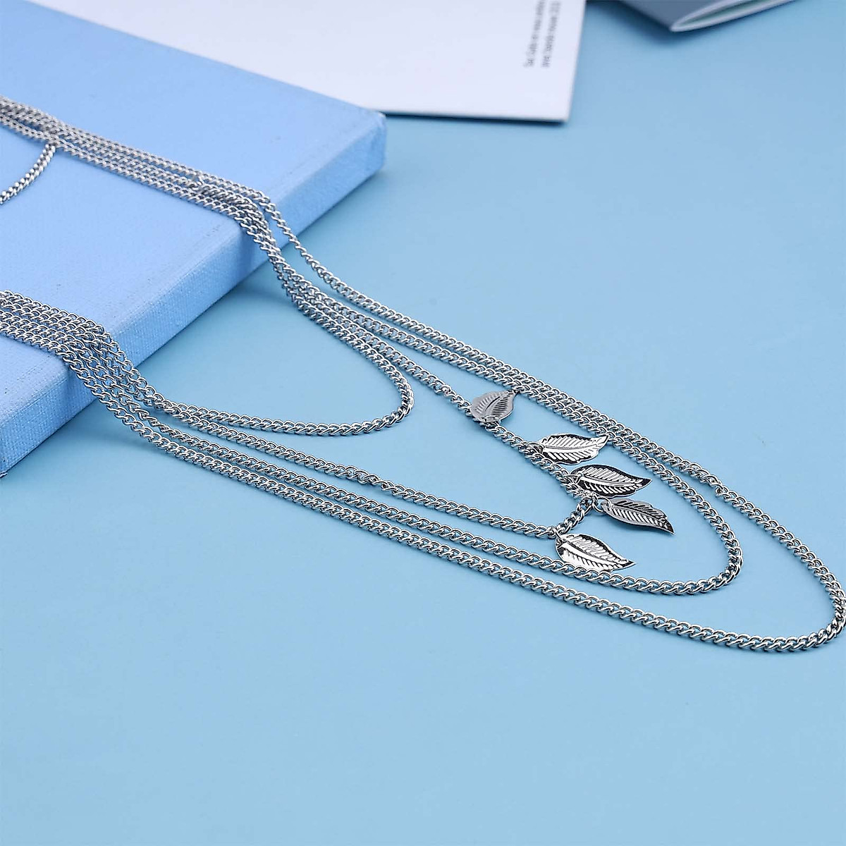 Sttiafay Boho Multilayer Body Chain Silver Leaf Fringe Shoulder Chain Necklace Layered Tassel Shoudler Harness Sexy Bra Chain Statement Shoulder Necklace Ethnic Style Jewelry for Women