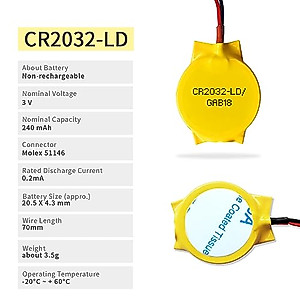 EEMB 10PACK 3V CR2032 CMOS Battery with Wire Leads and MOLEX Connector Computer Replacement Battery for Alienware R1 M18 Area-51 M9700