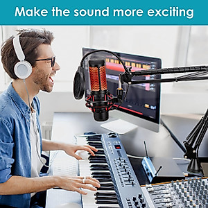 YOUSHARES Upgraded Quadcast Mic Stand with Pop Filter - Scissor Mic Boom Arm and 3 Layers Windscreen Compatible with HyperX Quadcast S Microphone to Improve Sound Quality