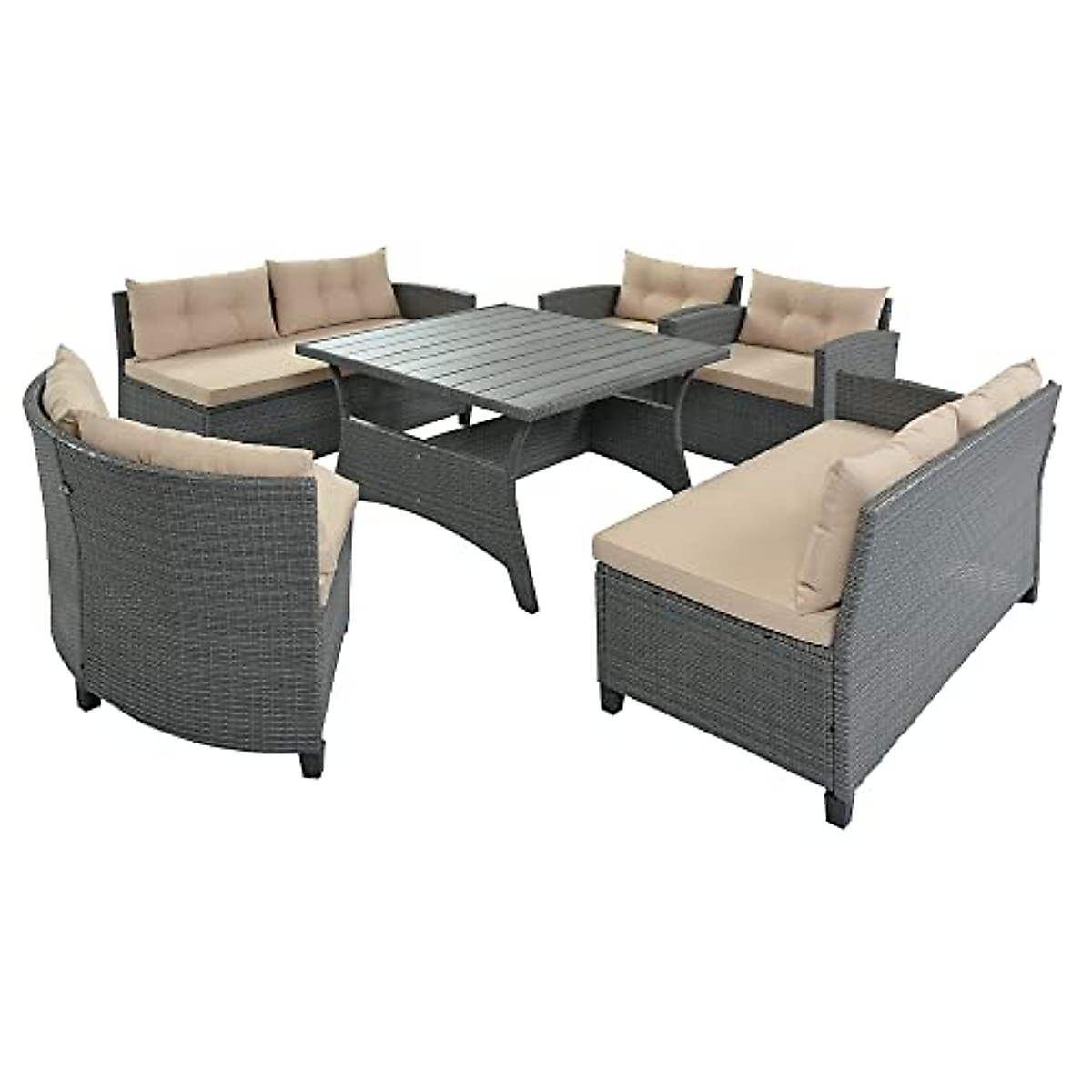 6-Piece Outdoor PE Wicker Sofa Sectional Sofa Set, Patio Rattan Dinning Set, All Weather Conversation Set with Thick Cushions and Pillows for Garden Lawn, Backyard, Poolside (Gray+Beige Cushion)