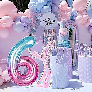 40 Inch Balloon Number 6 Blue Pink, Large Foil Mermaid 6 Balloons Number for Women, Starry Rainbow Globos de Numero 6 Helium Balloons for Girls 6th Birthday Anniversary Graduation Party Decorations