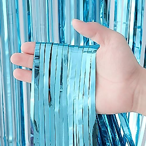 3 Pack Foil Fringe Backdrop Curtains - Light Blue Tinsel Streamers for Birthday Graduation Class Disco Bachelorette New Year Party Decorations