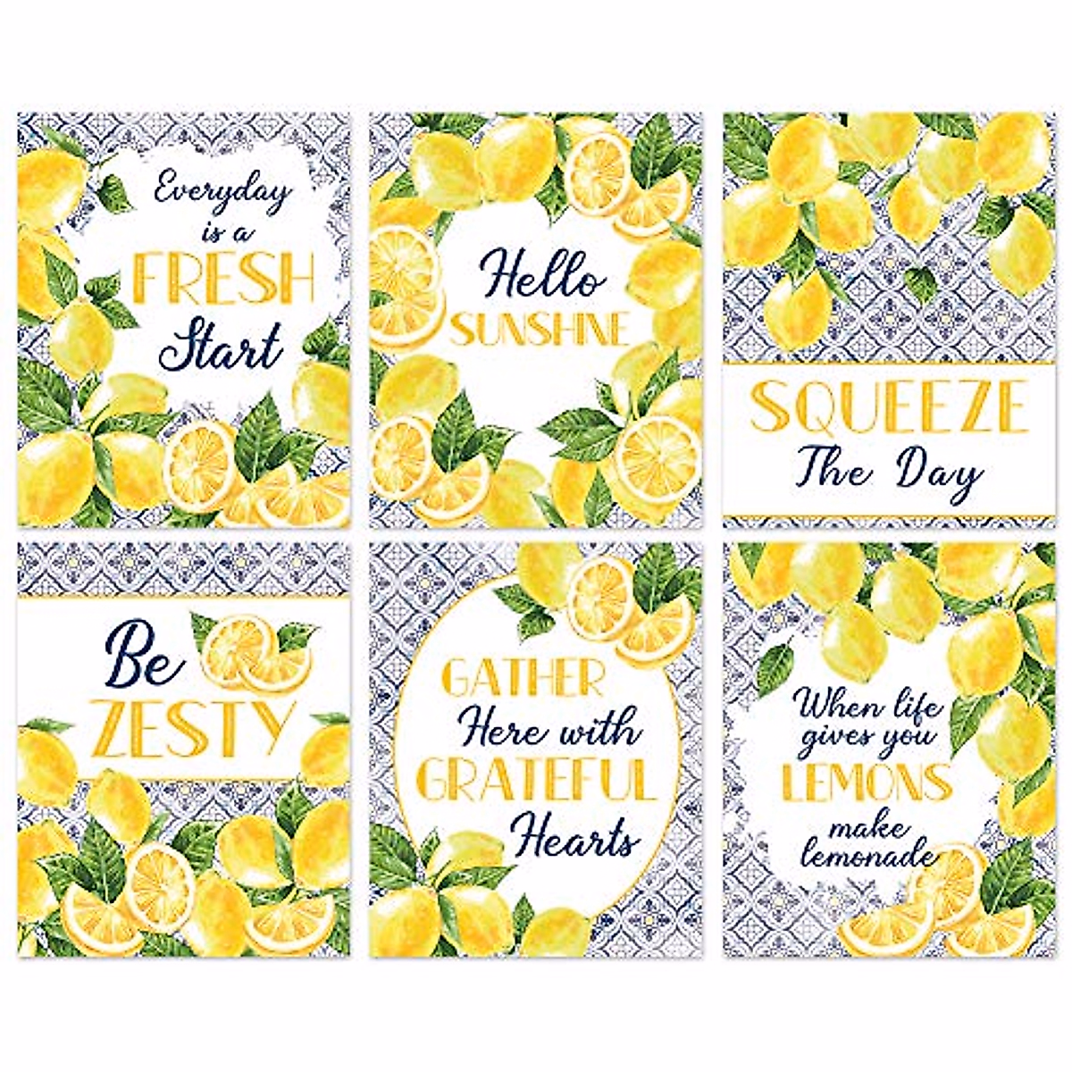HLNIUC Lemon signs Art Prints, Inspirational Blue Pattern Yellow Lemon Pictures Set Of 6(8”X10”, Unframed), Fruit Botanical Poster Green Leaf Modern Wall Art For Bed Room Living Room Kitchen Decor