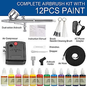 Spedertool Airbrush kit with Acrylic Paint,Complete Air Brush set with Professional 12Pcs x10ml Airbrush Color Set Acrylic Paint for Artists,Beginners,Students