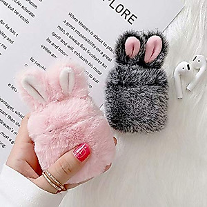 Case for Airpods 1 Case Airpods 2 Fluffy Rabbit Case Cover Plush Furry Fashion Cute Bunny Ear Faux Fur PC Protective Case Resistant Cover for Airpods 1st & 2nd Gen with Carabiner,Pink