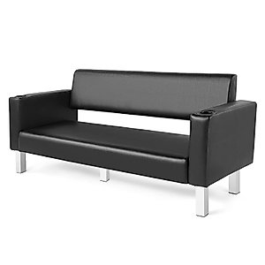 Artist hand Office Reception Chairs Waiting Room Bench Guest Chairs, Leather Bench 60.6'' Conference Room Chairs with 2 Cup Holder Office Couch Stainless Steel Base Chair