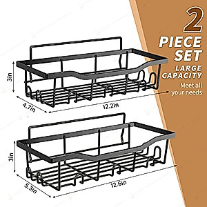 Shower Caddy, Adhesive Shower Organizer, no Drilling Shower Shelves, Wall Mounted Shower Shelf, Stainless Steel Rust Proof, with 7 Hooks, for Internal Shower and Kitchen Storage, 2 Pieces ,Black