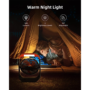 Koonie 8in 20000mAh Camping Fan with Timer, LED Lantern and Hook, 90hrs Rechargeable Battery USB Fan with 4 Speeds, 350°Head Rotation, Desk Table Fan for Bedroom, Outdoor, Tent, Travel, Picnic