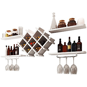 Giantex Wine Rack Wall Mounted Set of 5, Wood Wall Wine Shelf Racks with Glass Holder and Stemware Hanger, Hanging Wine Rack, Wine Storage Display Shelf for Home Bar Kitchen, White