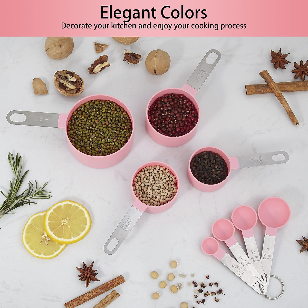 Measuring Cups and Spoons Set of Huygens Kitchen Gadgets 10 Pieces, Stackable Stainless Steel Handle Measuring Cups for Measuring Dry and Liquid Ingredient (Pink)