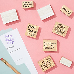 9 Piece Set of Wooden Rubber Teacher Stamps - Classroom Supplies for Grading Homework (Assorted Sizes)