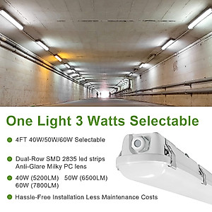 LED Flying Direct 4FT LED Vapor Tight Lights, 40W-50W-60W Selectable, 3000K-4000K-5000K Tunable, IP66 Waterproof LED Shop Light for t for Car Wash, Garage, Walk-in Freezer, 100-277V ETL Listed