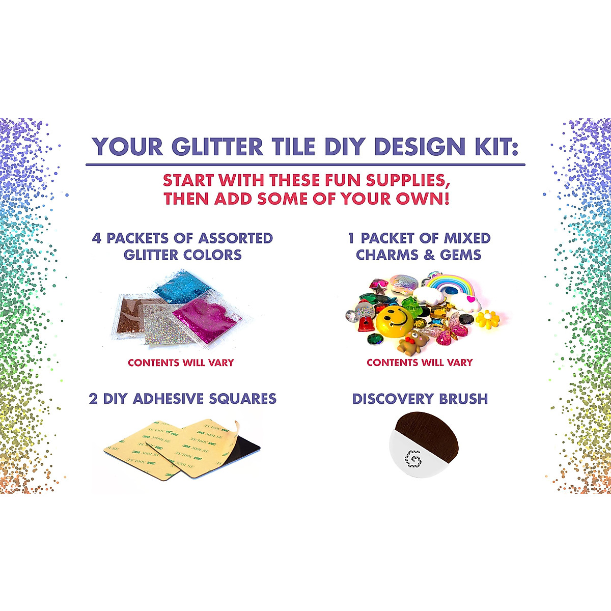 Genius Gems Glitter Tiles DIY Design Kit - Includes 2 Adhesive Squares, 1 Packet of Mixed Charms, Glitters, and Brush - Sticks to Magnetic Tiles!