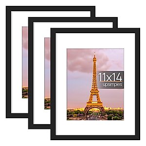 upsimples 11x14 Picture Frame Set of 3, Made of High Definition Glass for 8x10 with Mat or 11x14 Without Mat, Wall and Tabletop Display Photo Frames, Black