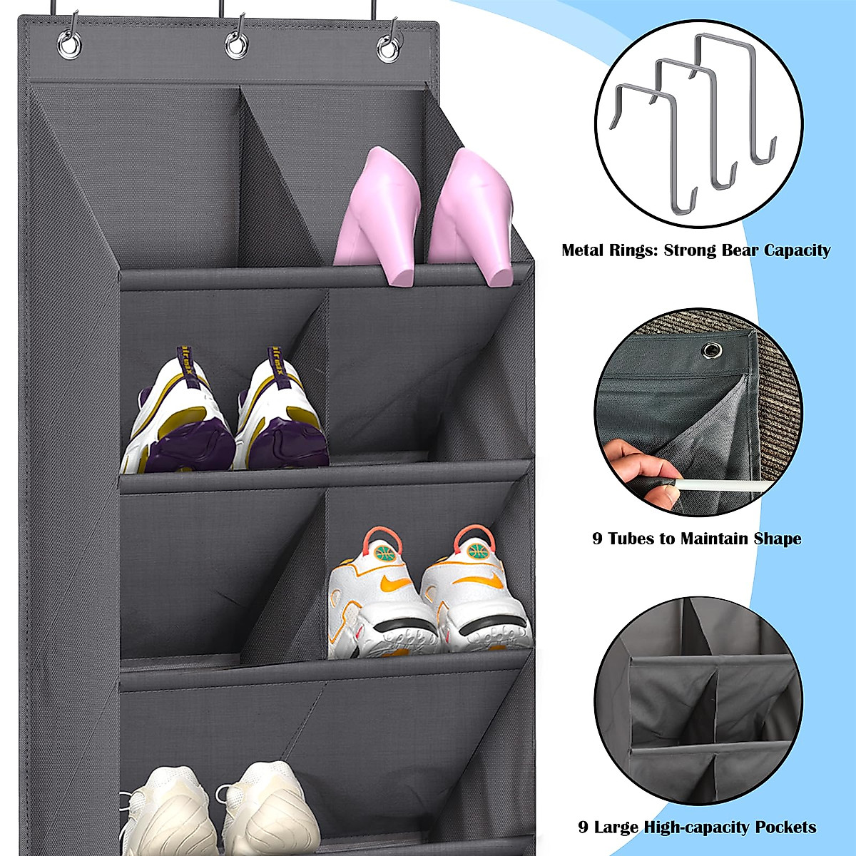 BZVlemon Hanging Shoe Organizer for Closet with 9 Deep Pockets, Over the Door Shoe Rack, Shoe Holder for Narrow Door Dorm RV Shoe Storage, Grey