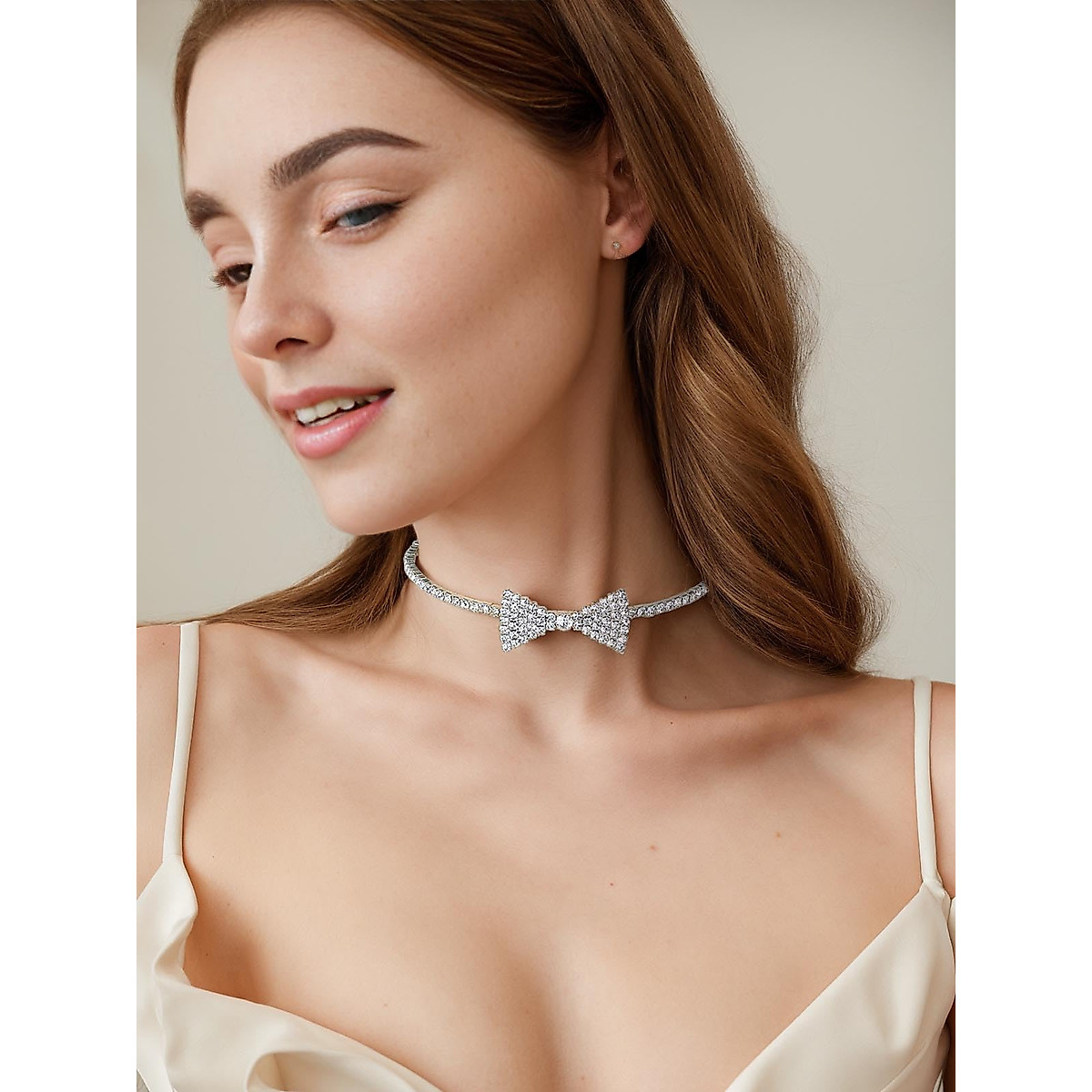 Janefashions Bow Tie Clear White Austrian Rhinestone Crystal Necklace Choker Party Gold Tone Silver Tone B1626 (Silver Tone)