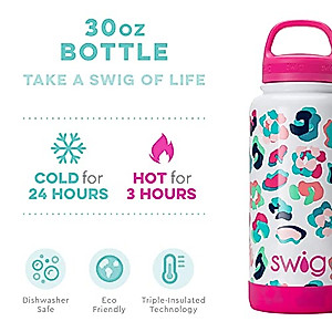 Swig Life 30oz Triple Insulated Stainless Steel Wide Mouth Water Bottle with Handle, Dishwasher Safe, Double Wall, Vacuum Sealed, Reusable Thermos Party Animal Print