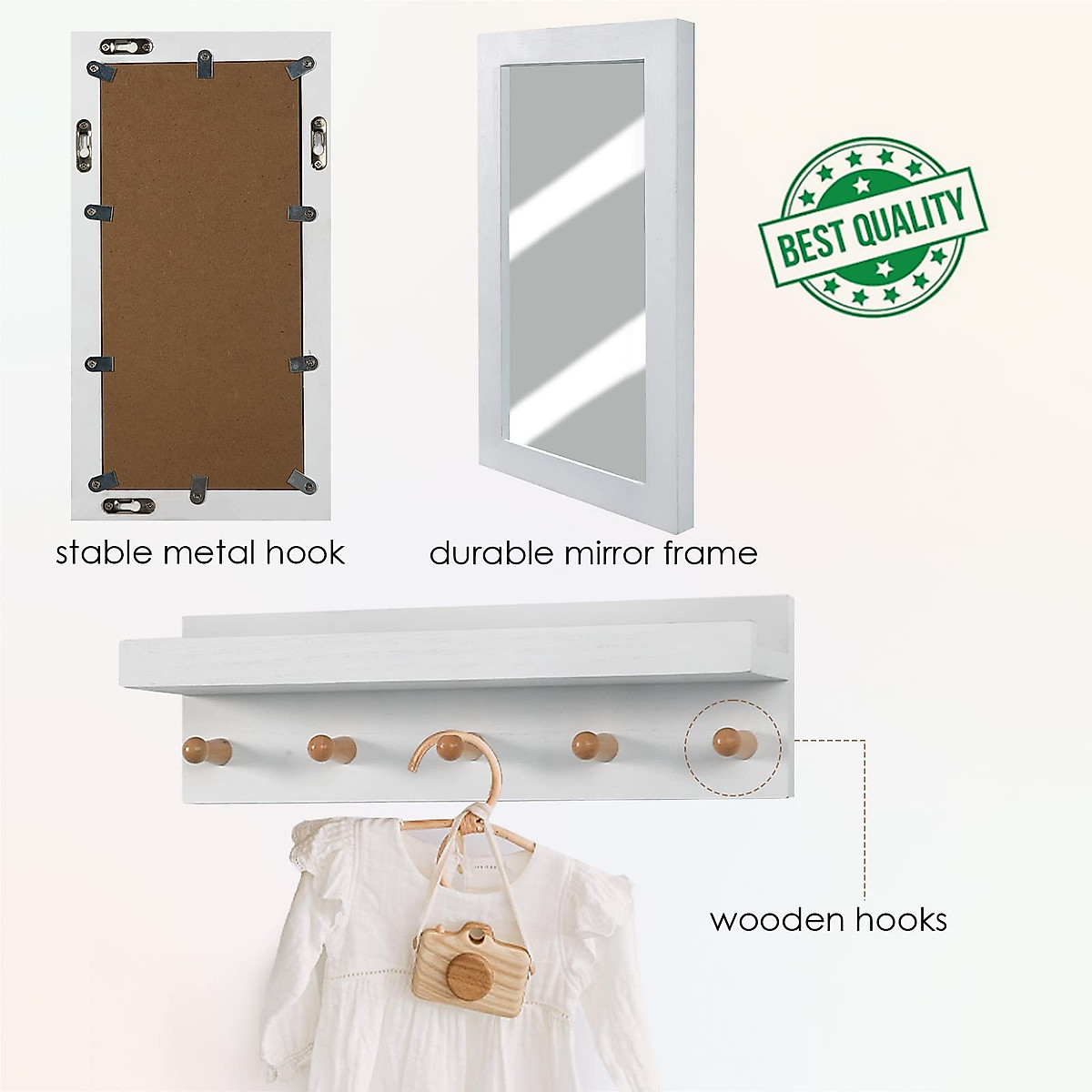 COMAX Nursery Floating Book Shelves with Wall Mirror, Wall Bookshelf for Kids Room Bedroom, Hanging Nursery Book Shelves Wall Mounted Bookshelves, Hanging Baby Book Shelf Nursery Shelves White