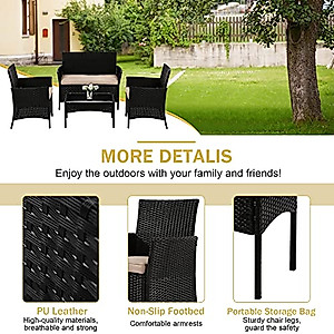 4 Pieces Patio Furniture Sets, Outdoor Rattan Conversation Bistro Chairs w/Glass Coffee Table & Soft Cushions Modern Wicker Bistro Set Garden Furniture Sets for Porch Backyard Lawn Poolside(Black)