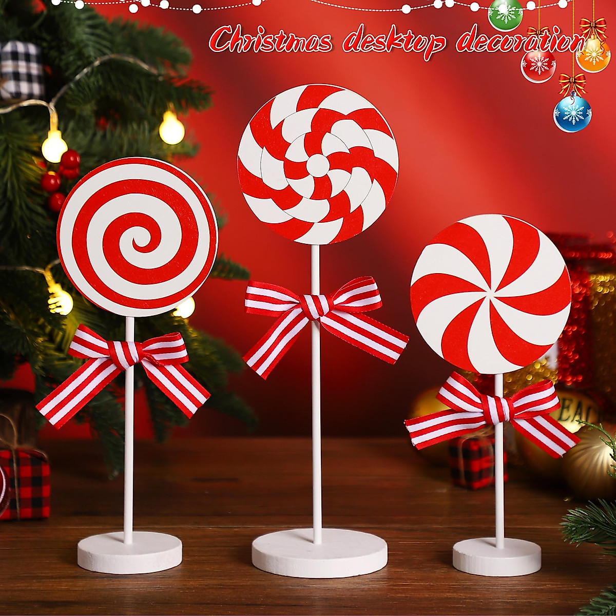 Amyhill 3 Pcs Christmas Candy Table Decor Wooden Christmas Tiered Tray Decor Red White Candy Centerpieces Xmas Tabletop Decorations Rustic Farmhouse Block Sign for Christmas Holiday Party Supplies