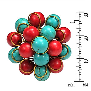 AeraVida Stylish Oversized Simulated Blue Turquoise & Reconstructed Red Coral Beaded Cluster with Brass Wire Adjustable Fit Statement Ring