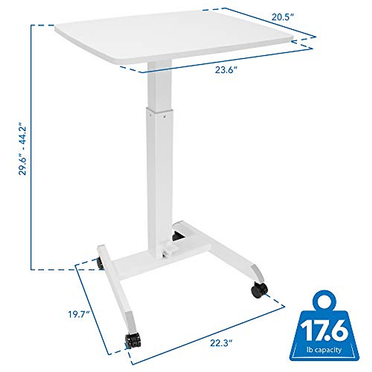 Mount-It! Adjustable Rolling Laptop Desk with Wheels [23.6" x 20.5"] Sit Stand Mobile Workstation Cart with Pneumatic Spring Lift for Height Adjustment, Rolling Computer Table, Foot Pedal (White)