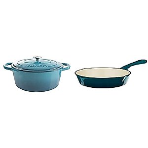 Crock-Pot Artisan Oval Enameled Cast Iron Dutch Oven, 7-Quart, Teal Ombre & Crock Pot Artisan 8 Inch Enameled Cast Iron Round Skillet, Teal Ombre