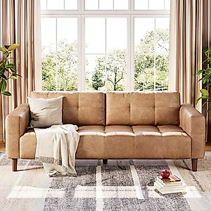 GarveeHome 3-Seater Sofa Couch, 83" Wide Faux Leather Sofa Couch with Spring Cushion, Modern Sofa with Deep Seats and 2 Removable Back Cushions, for Living Room, Bedroom, Apartment, Office, Brown