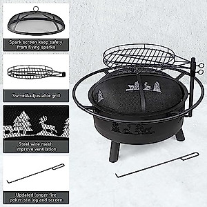 Fire Pits for Outside, Wood, Bonfire Pit, 30 Inch Round Cast Iron Fire Pit with Grill for Patio, Backyard with Spark Screen, Fire Poker and Metal Grate, Forest Cutout Pattern