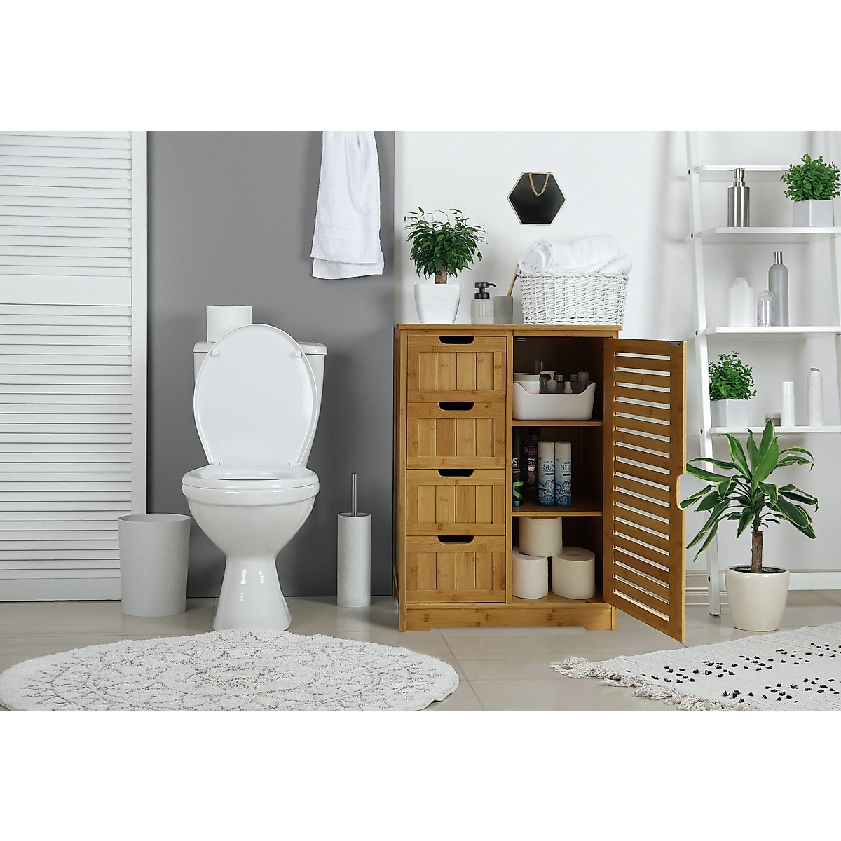 MUPATER Small Storage Cabinet Bamboo with 4 Drawers and 1 Cupboard, Freestanding Compact Floor Cabinet Bamboo for Entryway and Bathroom, Natural
