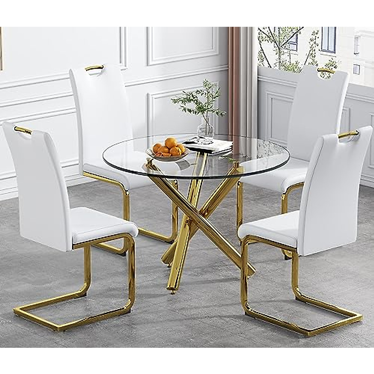 Round Glass Dining Room Table for 2 to 4 Person Modern Tempered Glass Top, Sturdy Chrome Legs, Adjustable Foot Pads, Kitchen Table for Living Room, Dining Room, Tea, Home, 39.37 Inch, Golden Base