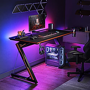 FEZIBO Gaming Desk 40 inch with LED Lighting, PC Computer Desk Gaming Table Z Shaped Gamer Workstation with Wire Mesh, Black