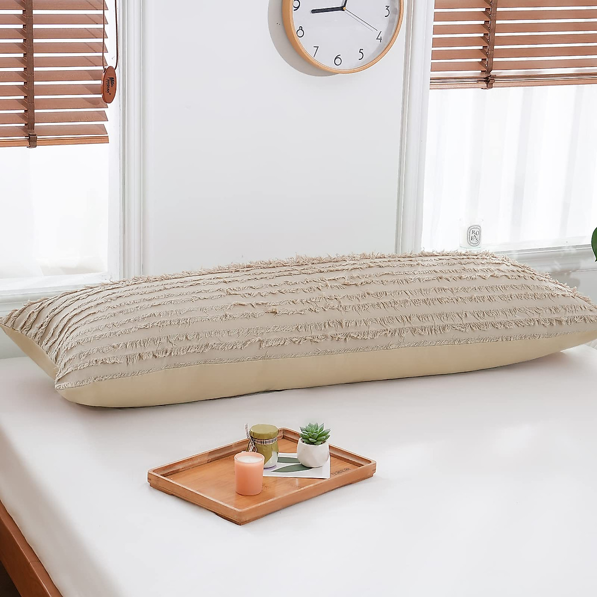 Herside Beige Body Pillow Cover Tufted Boho Body Pillow Pillowcases 20x54 Inches Long Pillow for Bed Decorative Pillow Case Stripes Tassel Jacquard Beige Pillowcase 1 Piece(Beige,Body)