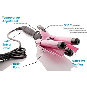 Alure 3 Barrel Hair Waver for Beachy/Frizz-Free Waves w/LCD Temperature Display - 1 Inch Ceramic Tourmaline Triple Barrels, Dual Voltage Crimping Tool