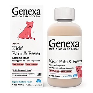 Genexa Children's Acetaminophen Pain and Fever Reducer | 160 mg per 5mL | Made with Delicious Organic Blueberry Flavor | 4 Fluid Ounces