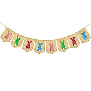 FAKTEEN Rabbit Burlap Banner Colorful Easter Bunny Bunting Garland for Happy Easter Decorations Spring Themed Baby Shower Birthday Party Supplies