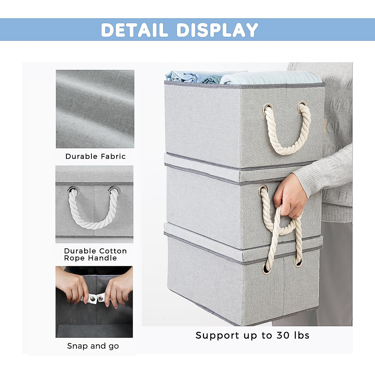 Large Fabric Storage Bins with Lids 3 Pack | Storage Bins for Shelves and Closet Organizers | Folding Rectangle Storage Bins with Handles for Cloth and Magazine,Gray,15"W x 10.5"D x 8.5"H