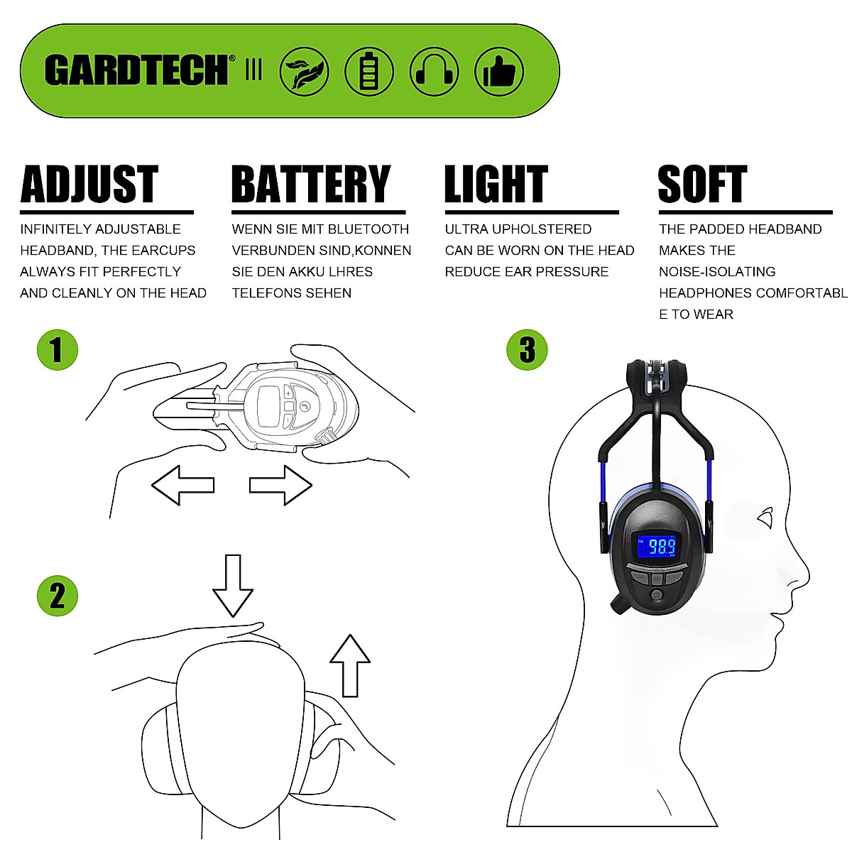 Gardtech Hearing Protection with Bluetooth, FM Radio Earmuffs, NRR 29dB Hearing Protection Headphones Noise Cancelling Headphones with MP3 for Mowing Lawn Work, Rechargeable BL-5B Battery