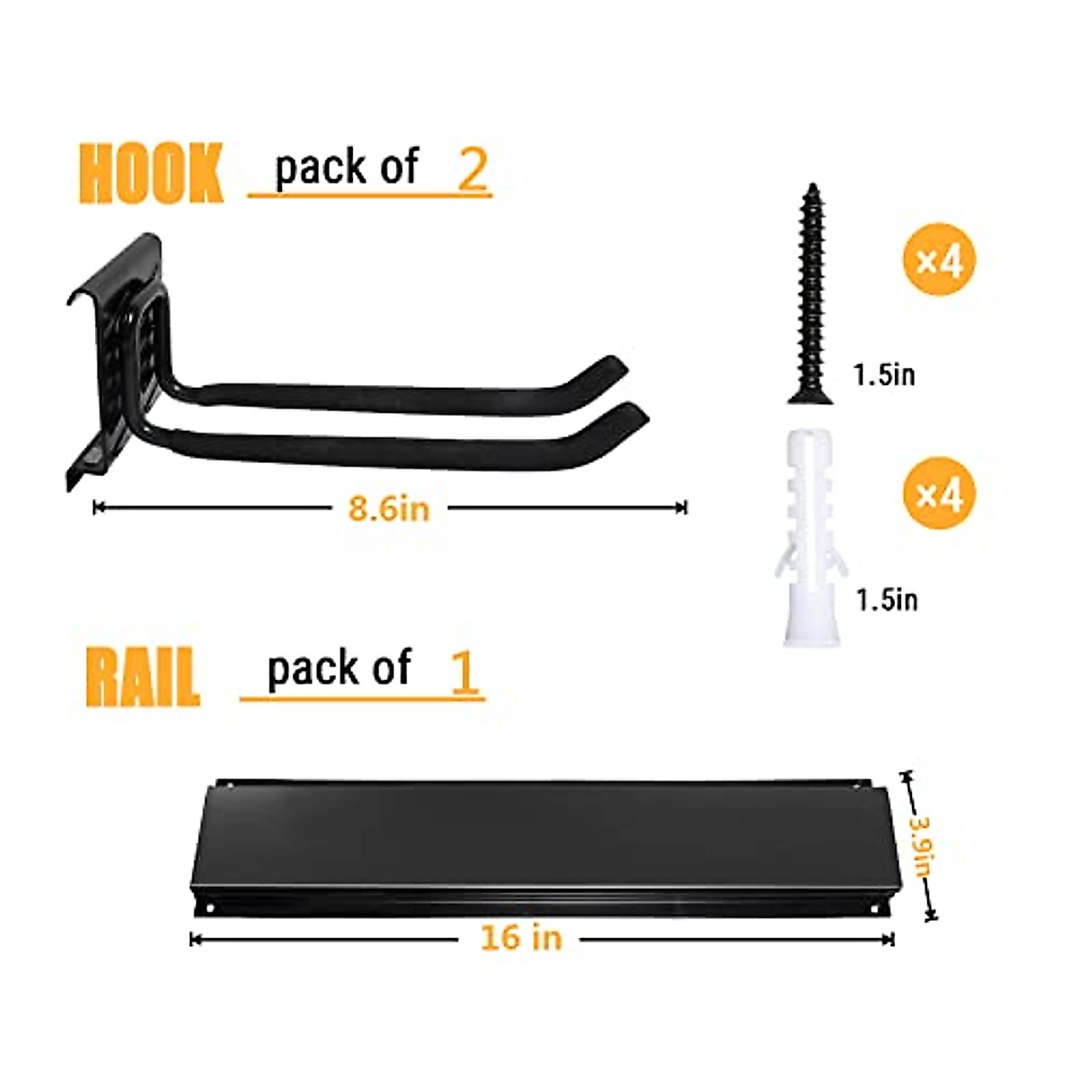 Ultrawall Heavy Duty Tool Storage Rack Wall Mount, Garage Wall Organizer Storage Rack with 2 Hooks for Garden Yard