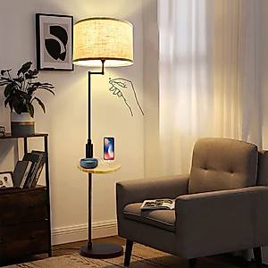 DLLT Living Room LED Floor Lamp- Standing Accent Light with USB Charging Port, Energy Saving, Tall Pole Lighting with Beside Table, Mid Century Contemporary Rooms Lamps, E26 Warm Lights,Fabric Shade