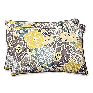 Pillow Perfect Bright Floral Outdoor Throw Accent Pillow, Plush Fill, Weather, and Fade Resistant, Large Lumbar - 16.5" x 24.5", Blue/Tan Lois, 2 Count