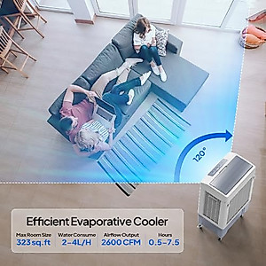 ROVSUN 10.5Gallon Evaporative Air Cooler, 2600CFM Portable Swamp Cooler with Remote Control, Oscillation, 3 Speeds, 7.5H Timer & 40L Water Tank, 3-IN-1 Cooling Fan for Home Office Garage Outdoor