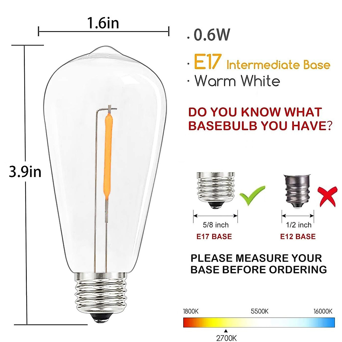 10 Pack LED Edison Light Bulbs, 0.6 Watt Shatterproof Dimmable Replacement Bulbs ST40 E17 Clear Plastic Light Bulbs for Outdoor Patio String Lights, E17/C9 Intermediate Screw Base Bulb, Warm White