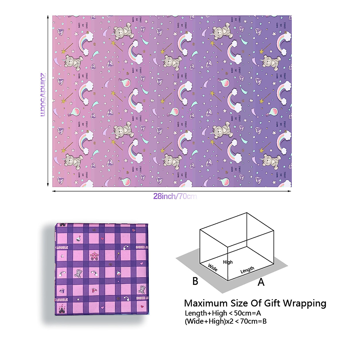 Dtiafu Baby Wrapping Paper - 10 Sheets Purple Pink Gift Wrap Paper for Baby Girl Neutral Birthday Baby Shower - Bear/Diamond, Rainbow/Floral Print - 20 x 28inch Per Sheet (Kraft)